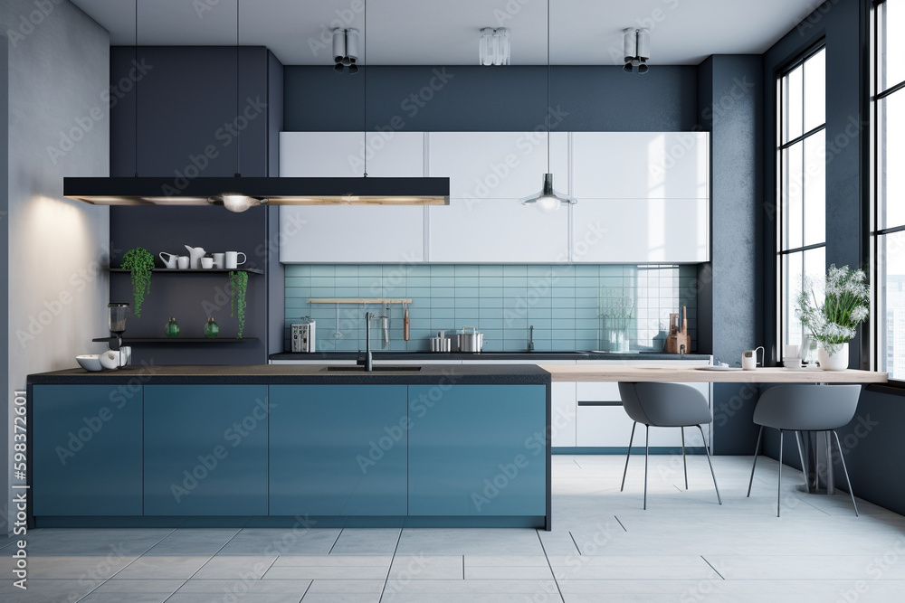 Modern kitchen, clean minimalistic interior design, light blue and ...