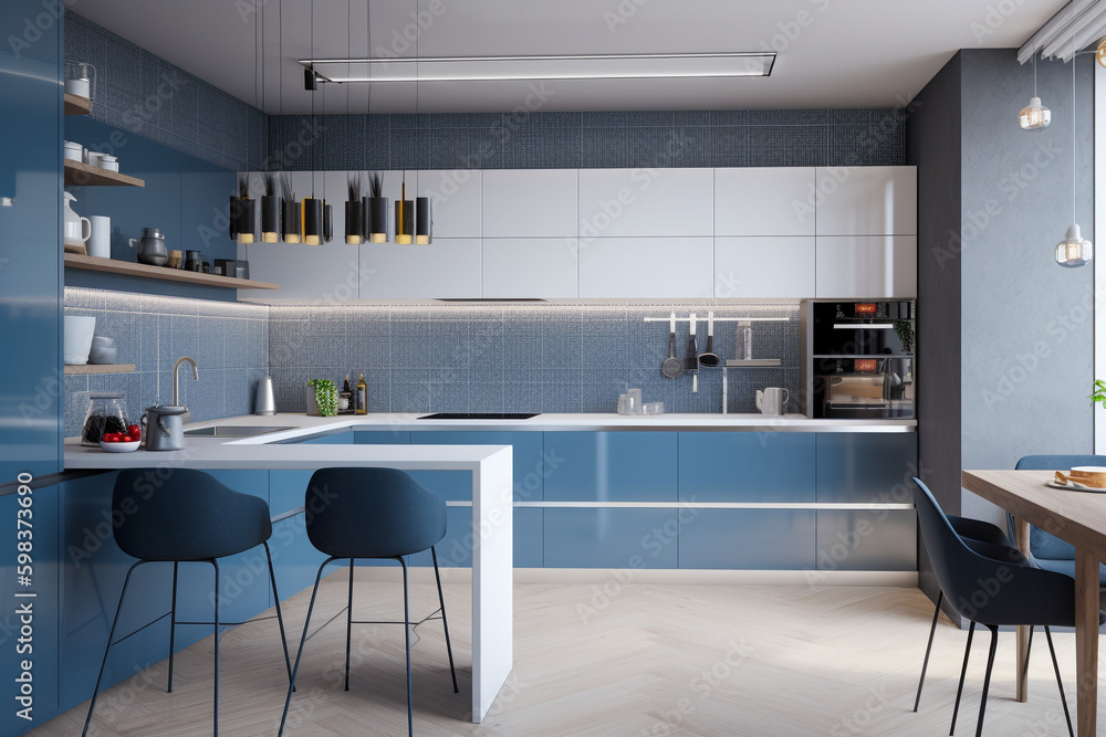 Modern kitchen, clean minimalistic interior design, light blue and ...