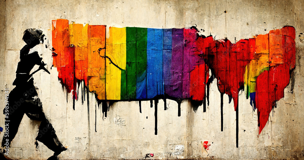 Generative AI, Rainbow LGBT pride flag colors as graffiti on the wall ...