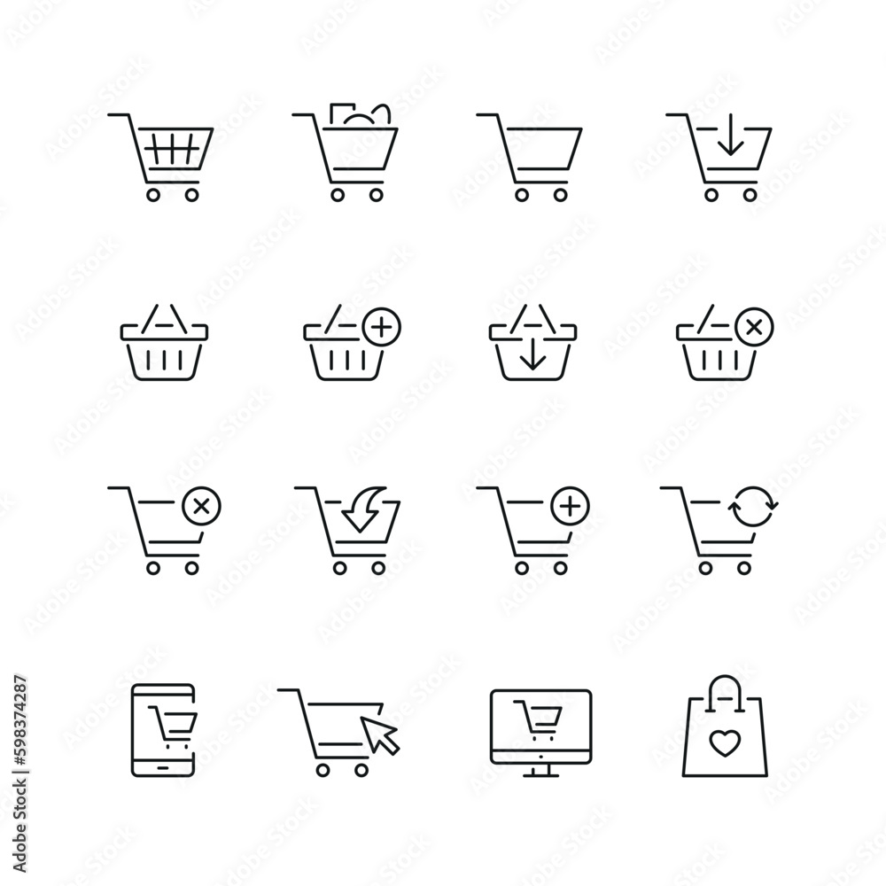 Vector line set of icons related with shopping cart and basket ...