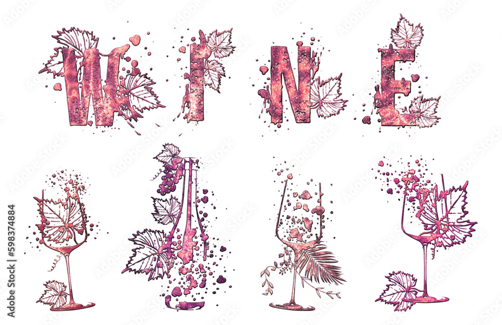 Wine Designs - Collection of wine glasses and bottles. Hand drawn ...