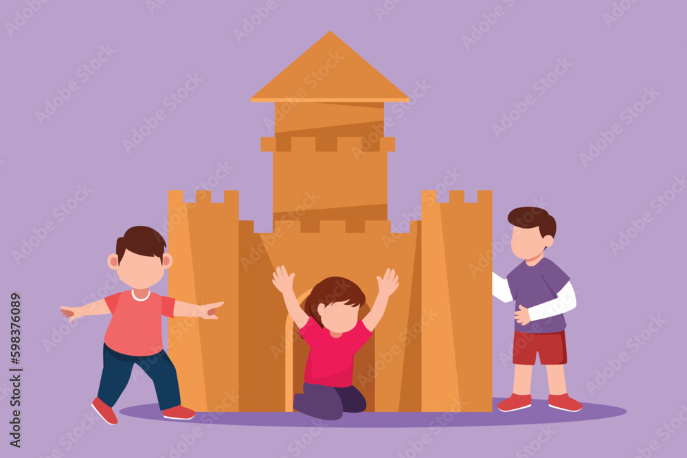 Graphic flat design drawing of kids with cardboard castle for school ...