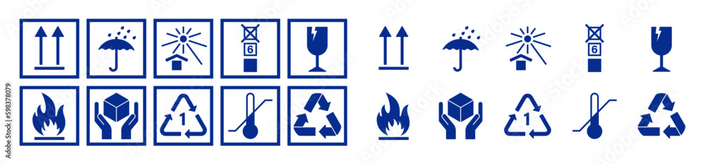 Collection of Packaging Symbols. Fragile signs set. Vector illustration ...