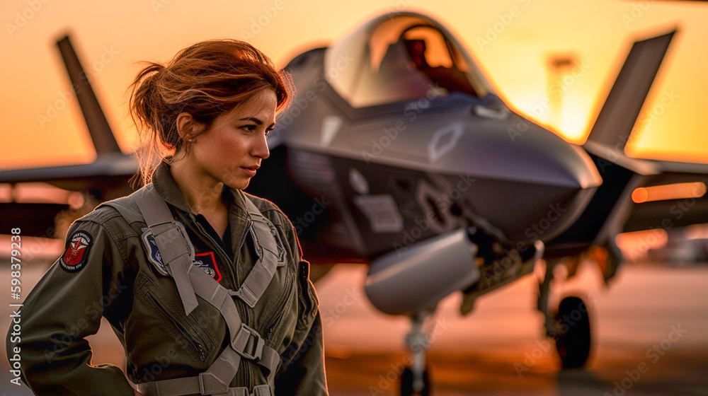 Proud Young Adult Female Air Force Fighter Pilot In Front of Her Lockheed Martin F-35 Lightning ...