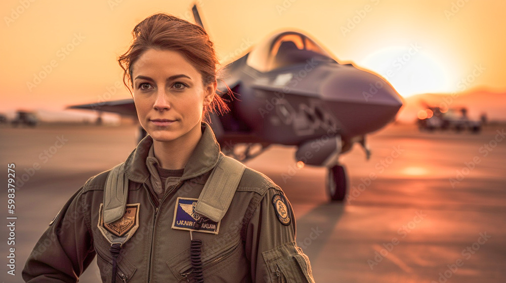 Proud Young Adult Female Air Force Fighter Pilot In Front of Her Lockheed Martin F-35 Lightning ...