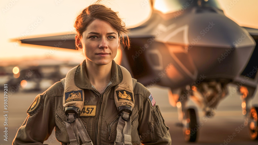 Proud Young Adult Female Air Force Fighter Pilot In Front of Her Lockheed Martin F-35 Lightning ...