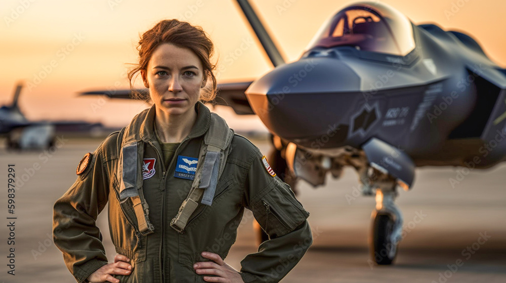 Proud Young Adult Female Air Force Fighter Pilot In Front of Her Lockheed Martin F-35 Lightning ...