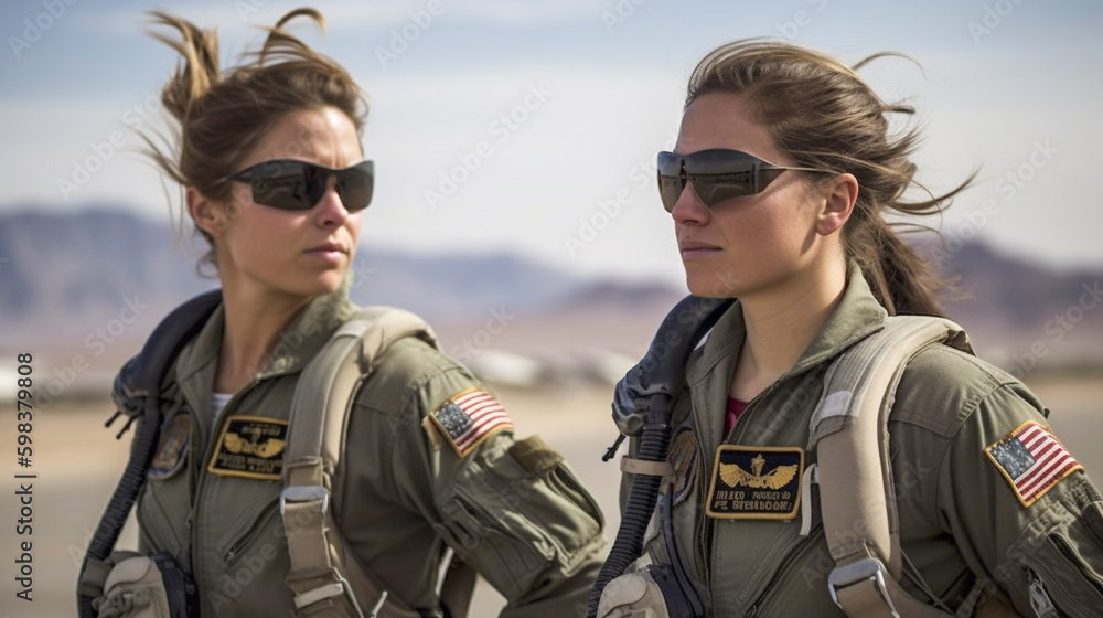 Two Proud Young Adult Female Air Force Fighter Pilots In Front of Their ...