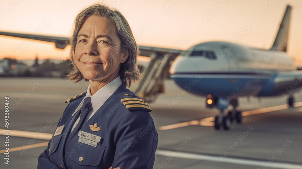 Proud Middle-aged Female Airline Pilot In Her Uniform In Front of Her ...