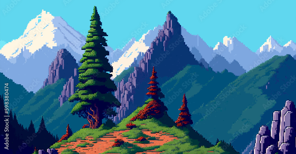 Landscape 8bit pixel art. Summer natural landscape mountain scenery ...