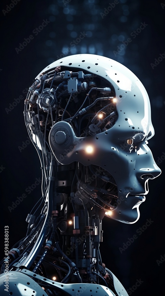 Artificial intelligence in the shape of a human robot face. Generative ...