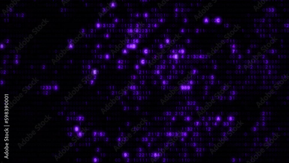 Abstract purple computer hex code full-frame loop background. Concept binary encryption ...