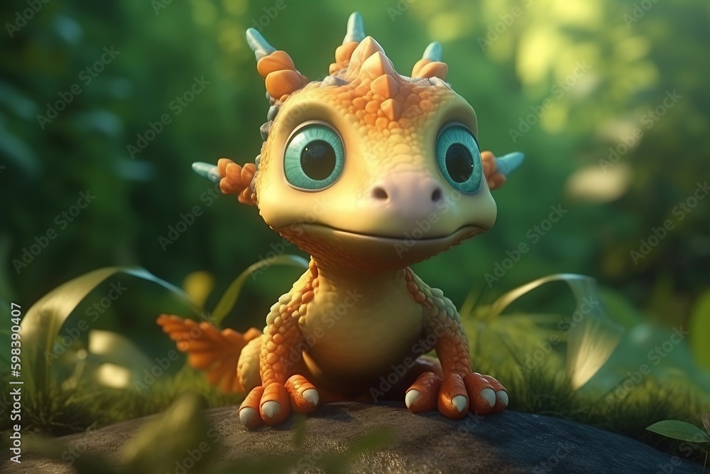 a cute adorable baby dragon lizard 3D Illustation stands in nature in ...