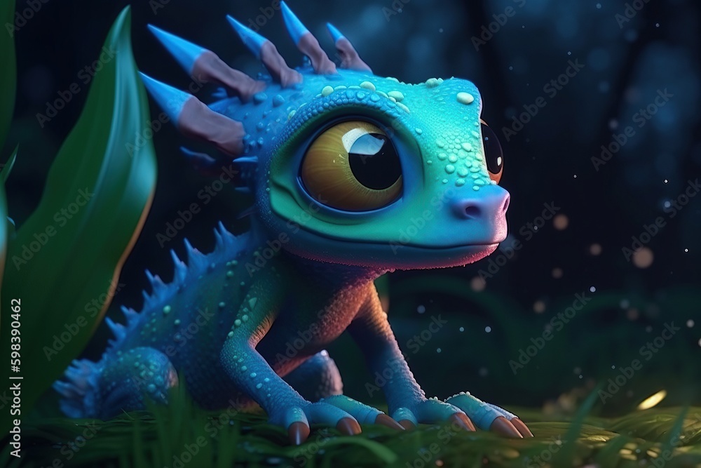 a cute adorable baby dragon lizard at night by rain 3D Illustation ...