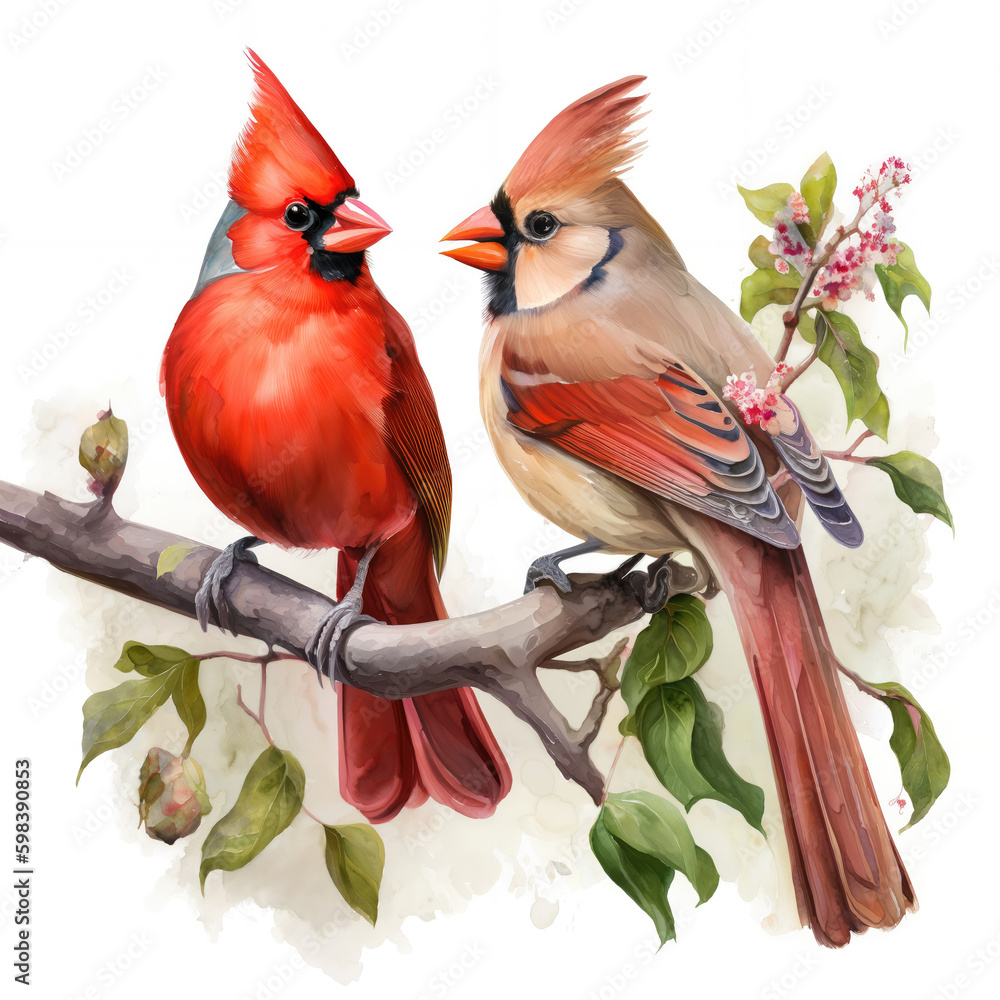 Illustration of a male and female cardinals on a tree branch with ...