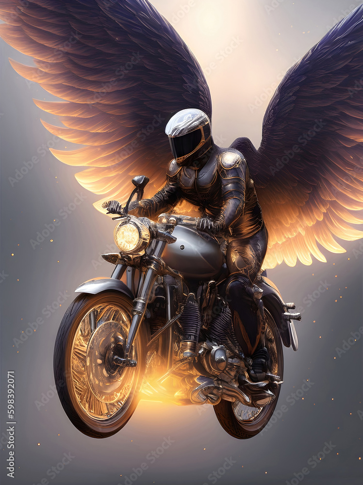Winged angel on a motorcycle, an angel flying on a motorcycle in a ...