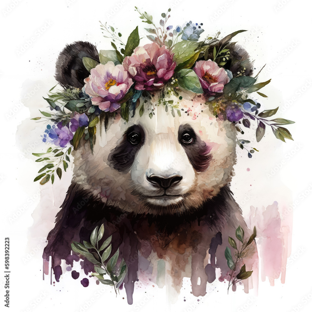 Watercolor painting illustration of a panda with flowers on its head ...