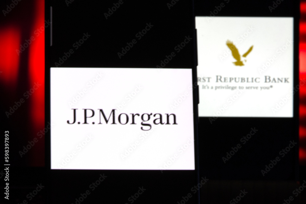 J.P. Morgan logo on background of First Republic Bank logo, JPMorgan Chase takes over First ...