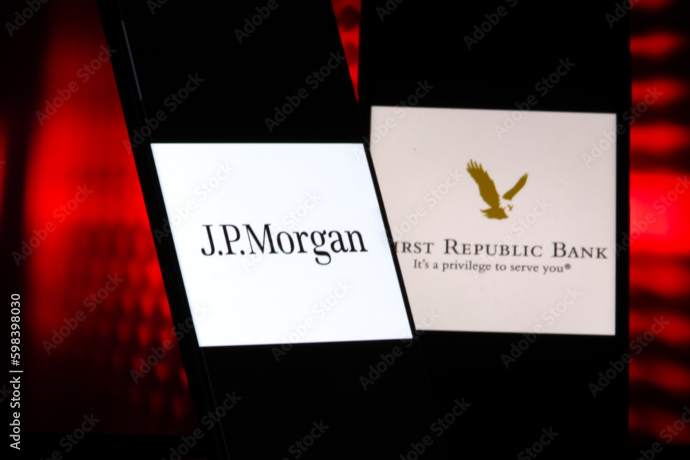 J.P. Morgan logo on background of First Republic Bank logo, JPMorgan ...