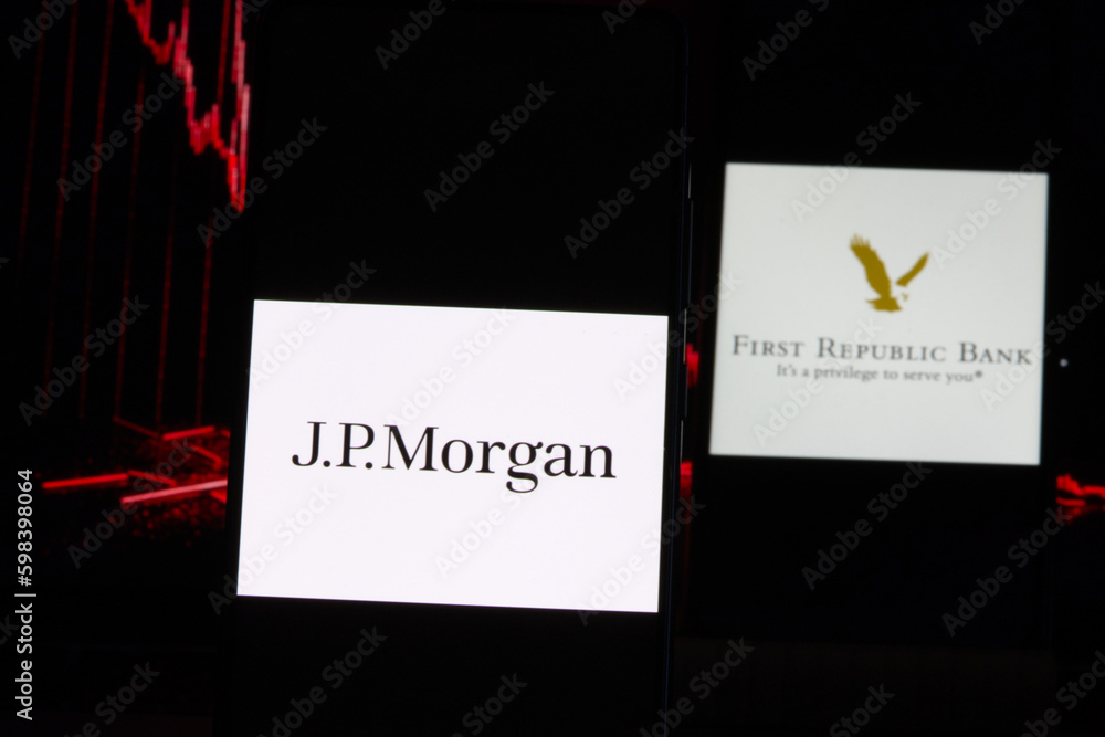 J.P. Morgan logo on background of First Republic Bank logo, JPMorgan Chase takes over First ...
