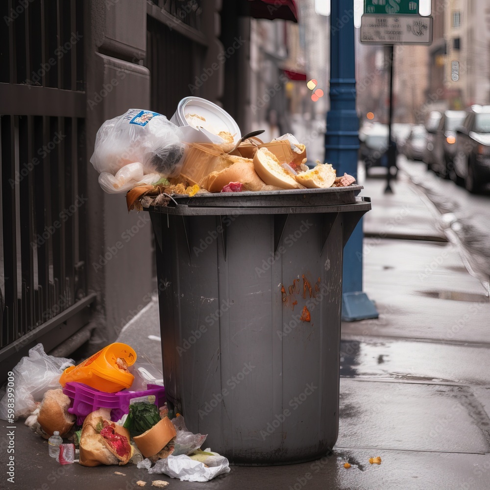 Trash can in the city full of garbage and spoiled food. Global polution ...