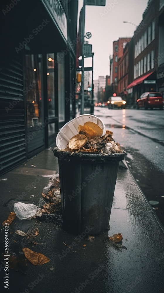 Trash can in the city full of garbage and spoiled food. Global polution ...