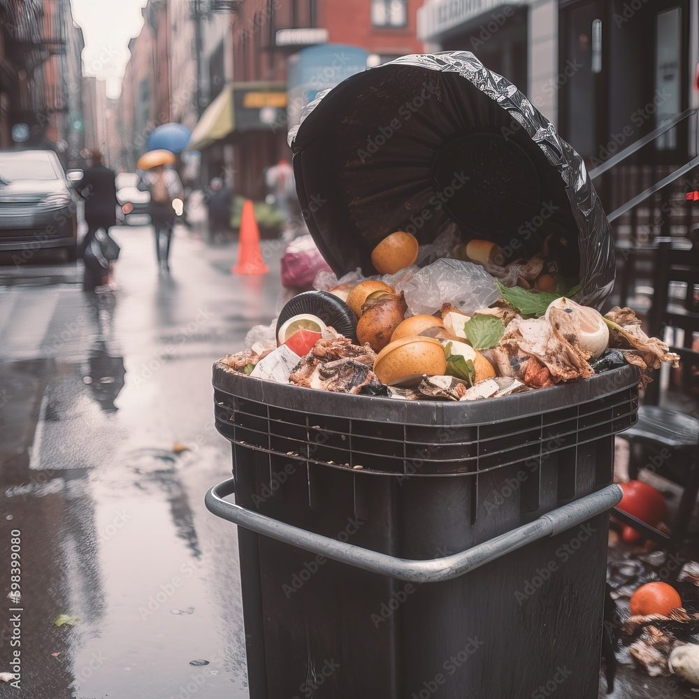 Trash can in the city full of garbage and spoiled food. Global polution ...
