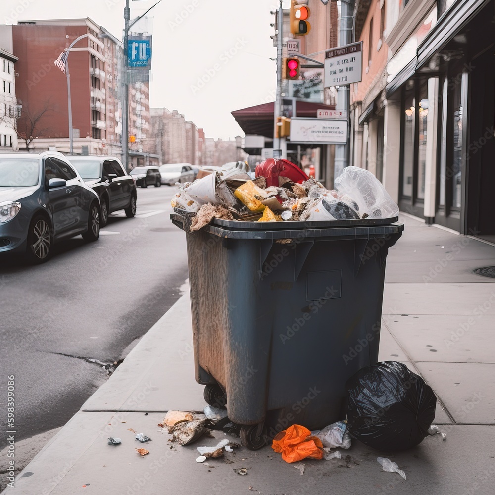 Trash can in the city full of garbage and spoiled food. Global polution ...