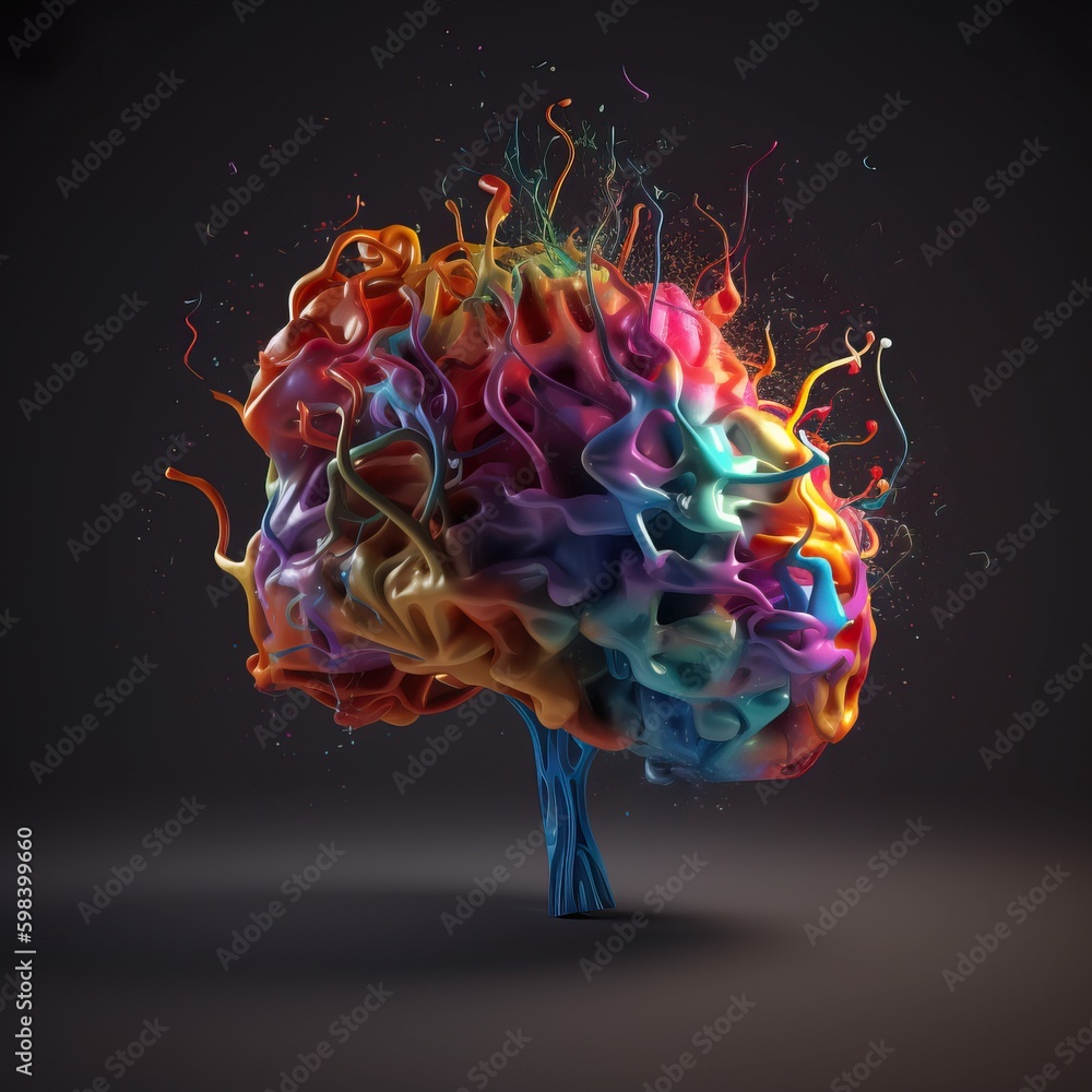 A vivid, colorful abstract brain bursting with a variety of vibrant ...