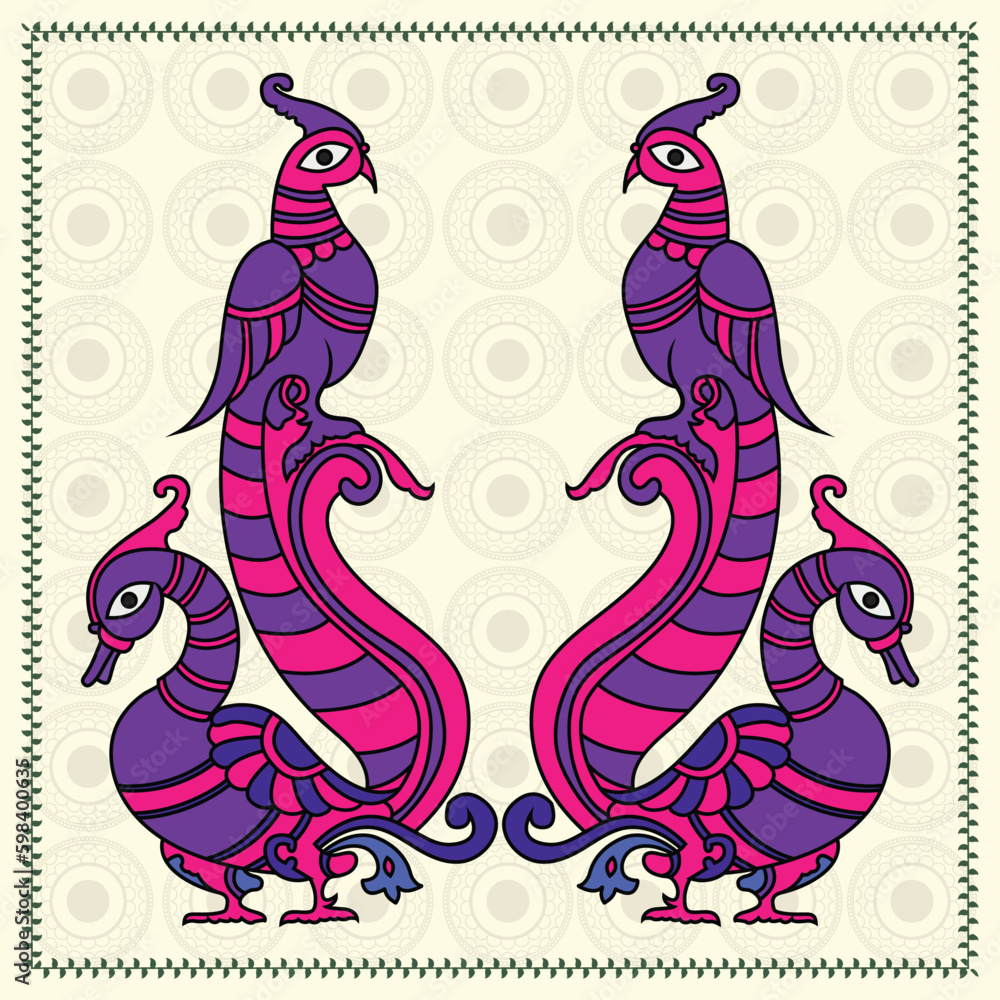 Kalighat painting showing Beautiful parrot and peacock. Indian ...