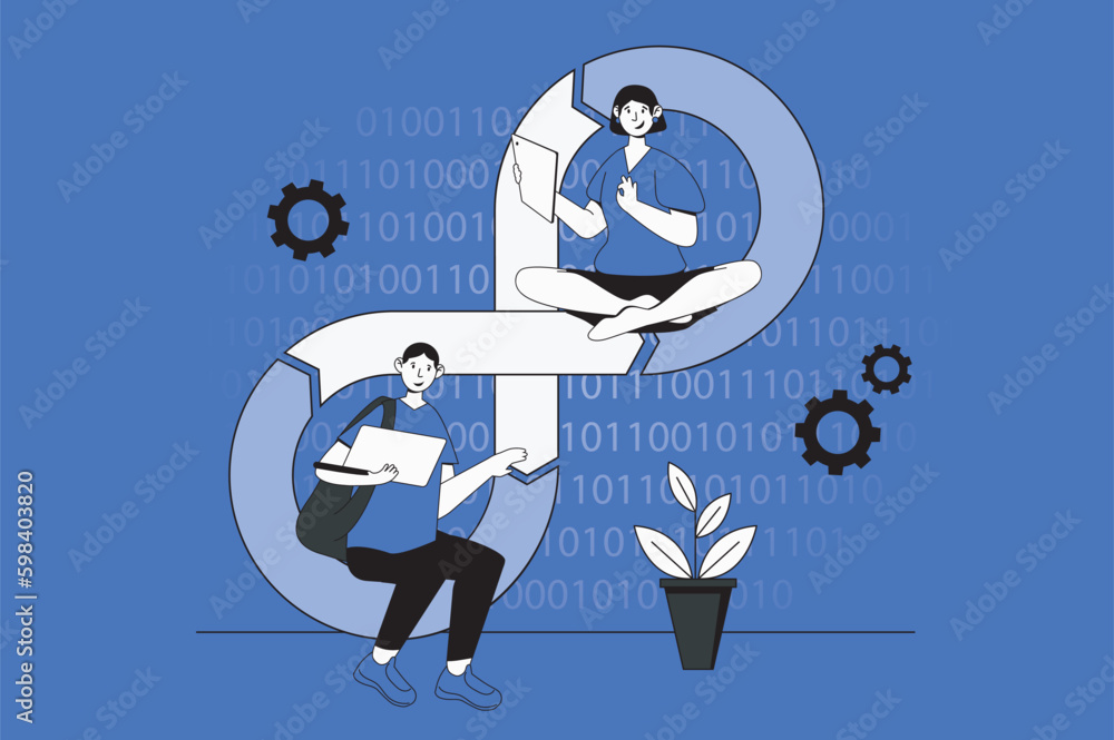 Devops web concept with character scene in flat design. People creating software and using ...