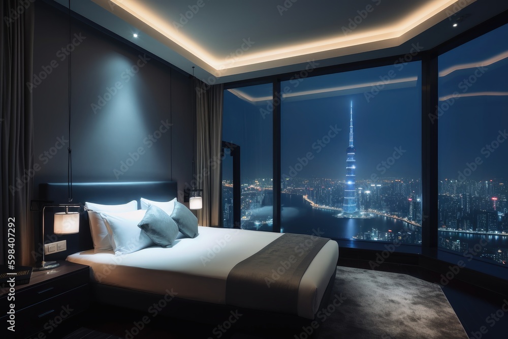 Luxury hotel room at night with a metropolis behind the window created ...