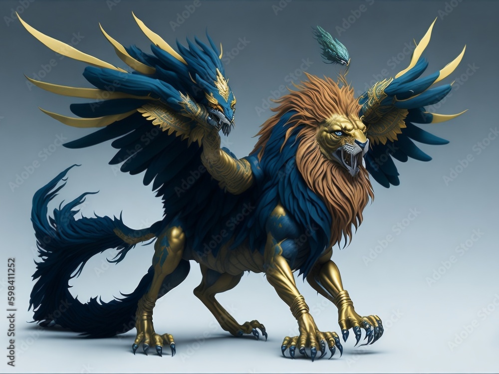 rooster in the form of a rooster body of a lion, with golden fur and ...