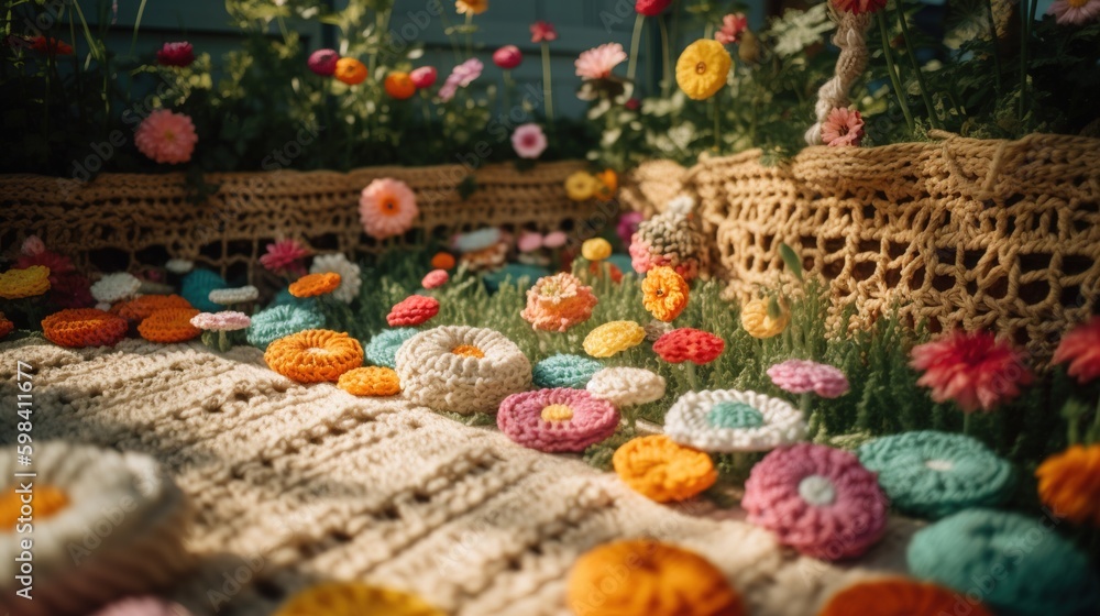 Generative AI, cute garden made of crochet, plants, trees, flowers ...