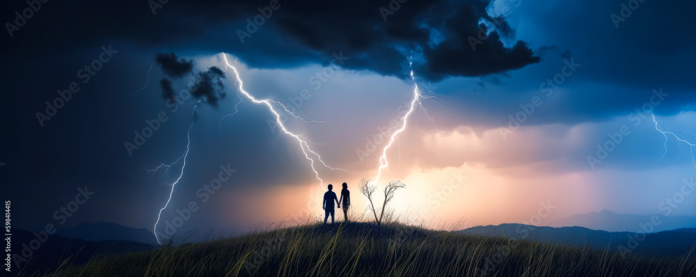 Breaking couple facing a thunderstorm in lightning and rain as they ...