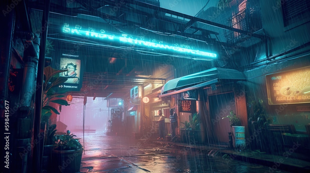 Cyberpunk wallpaper of futuristic cityscape. Blue purple neon lights ...
