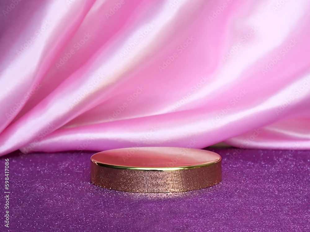 Shiny steel pink gold round podium on purple glitter table for luxury ...