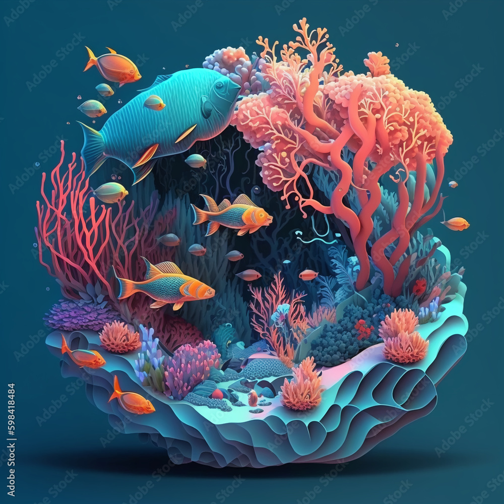 isometric digital illustration An underwater world with colorful coral ...