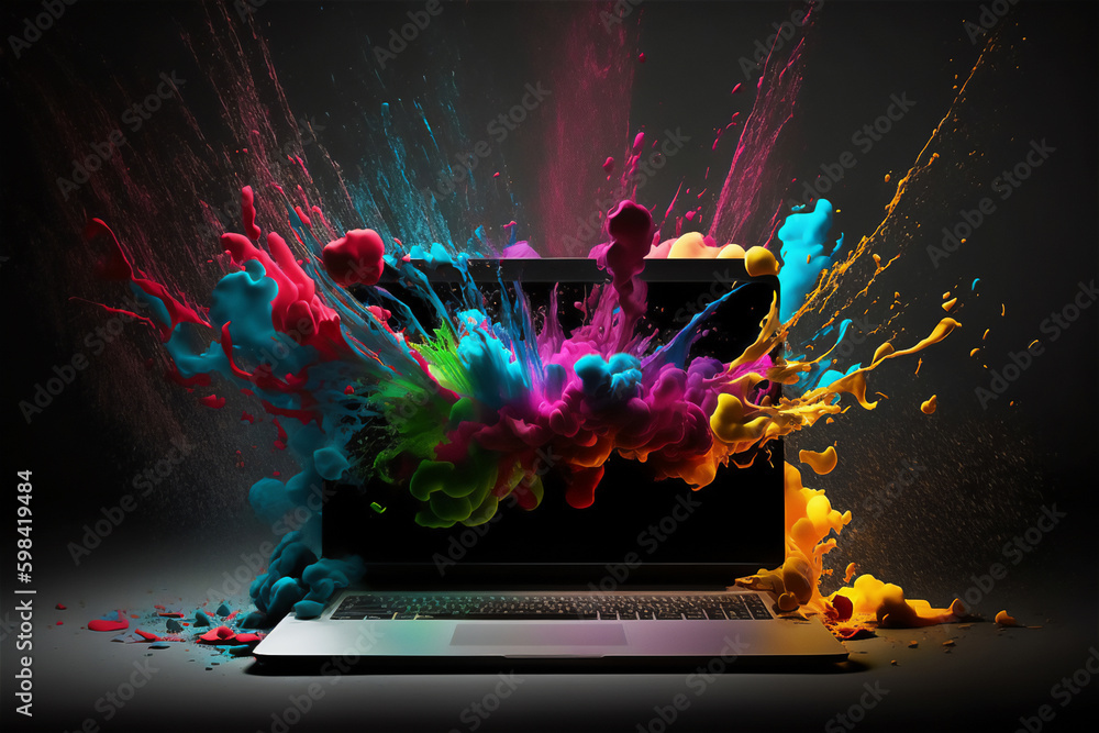 laptop computer with dark screen and color explosion in studio, created ...