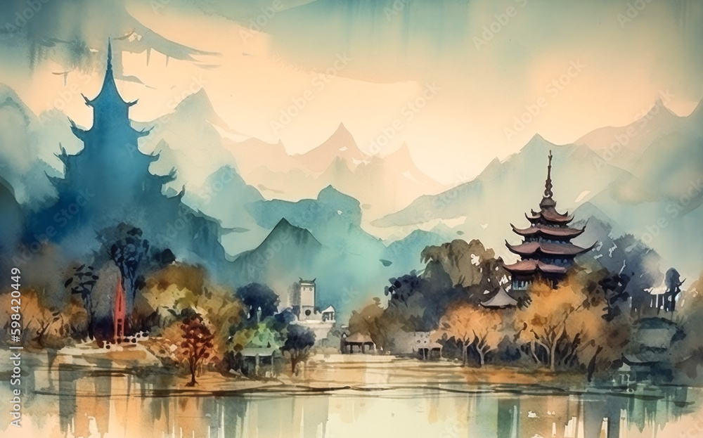 Chinese landscape with misty forest, distant mountains and fog ...