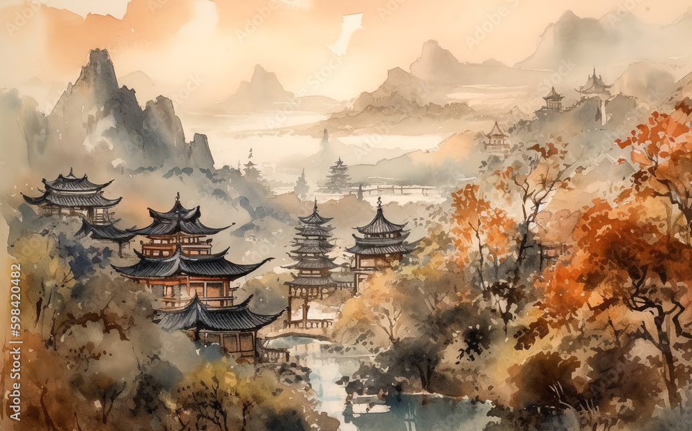 Chinese landscape with misty forest, distant mountains and fog ...