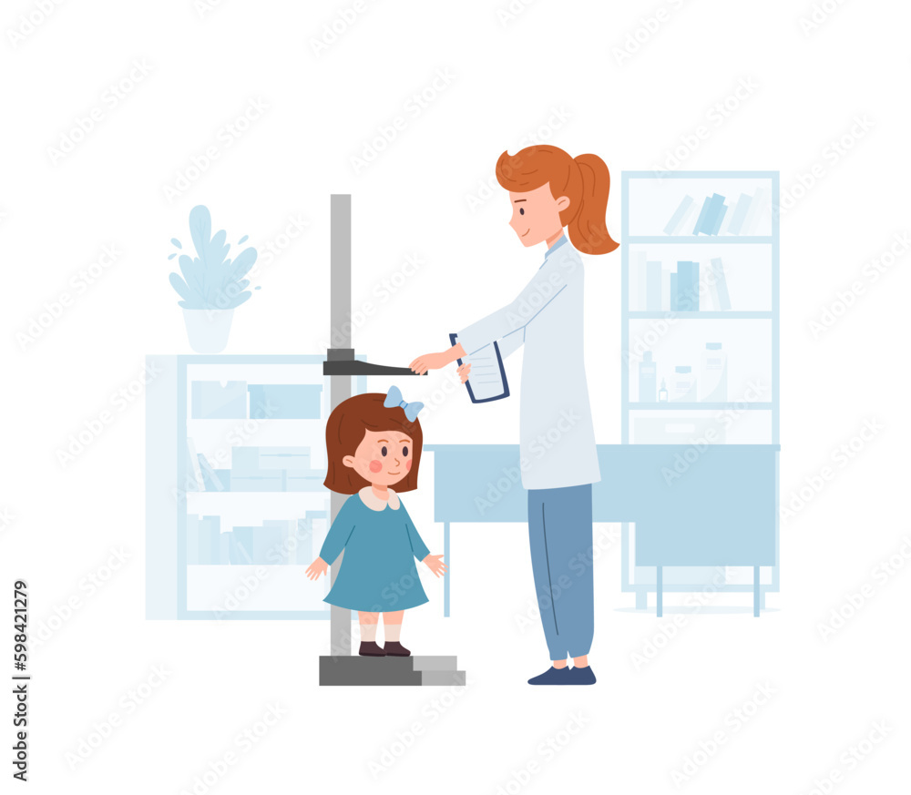 Doctor measuring kid girl's height with special tool flat style Stock ...