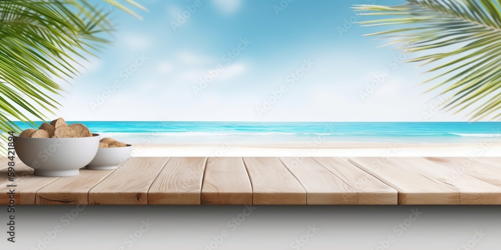 Beach product background with wooden counter, great design for any ...
