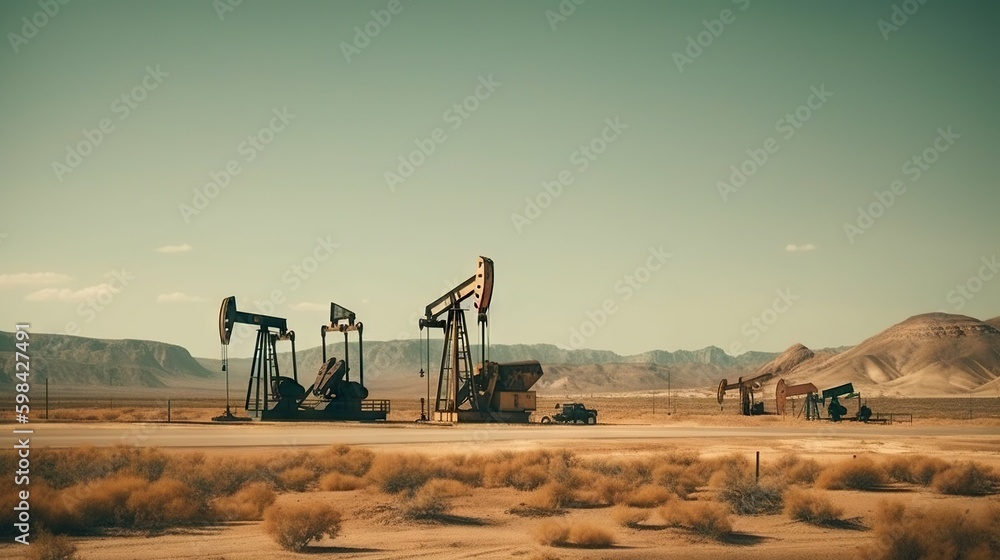 Working oil pumps in desert place. Natural resources industry. Oil rig ...