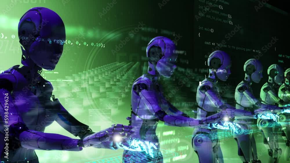 3d motion graphic animation of female humanoid robot artificial intelligence working human job ...