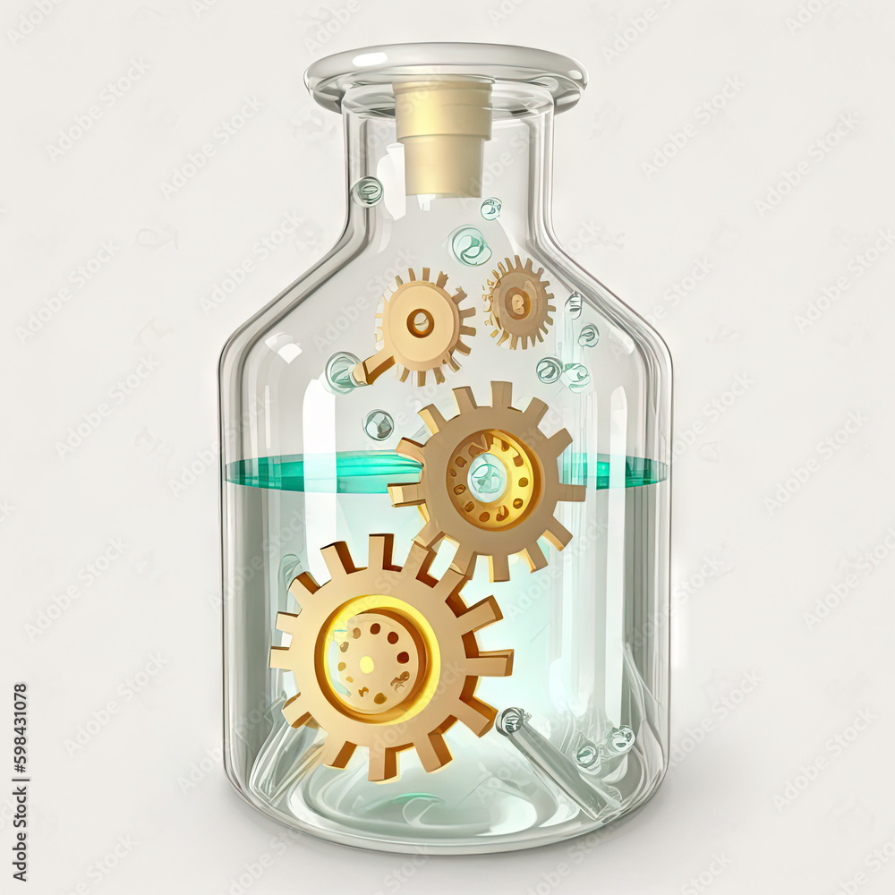 Transparent glass laboratory bottle with gold gears inside. White ...