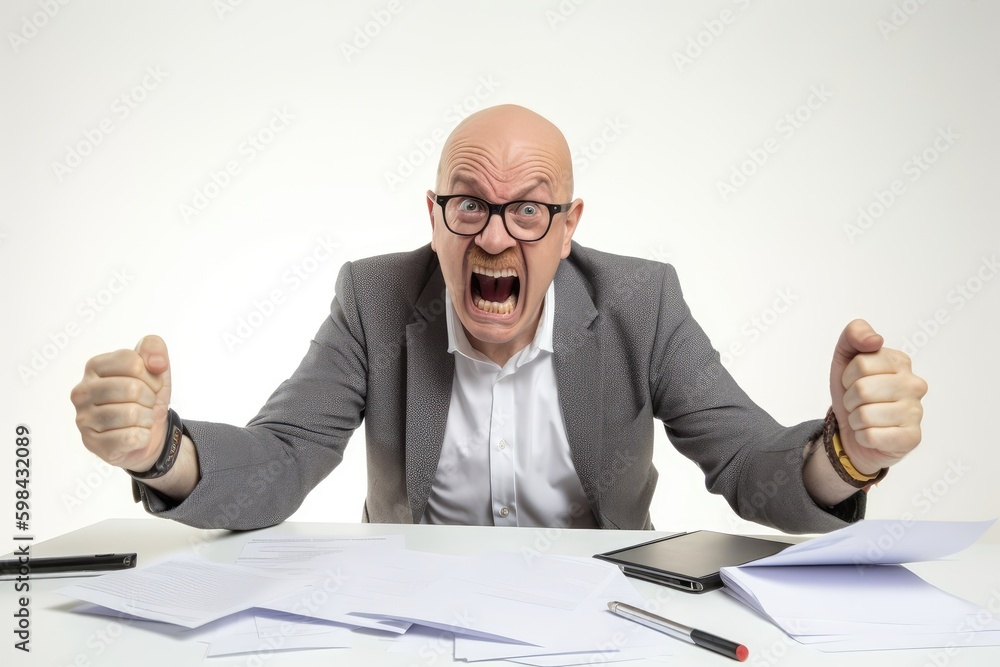 screaming bald male senior office boss with mustache and eyeglasses ...