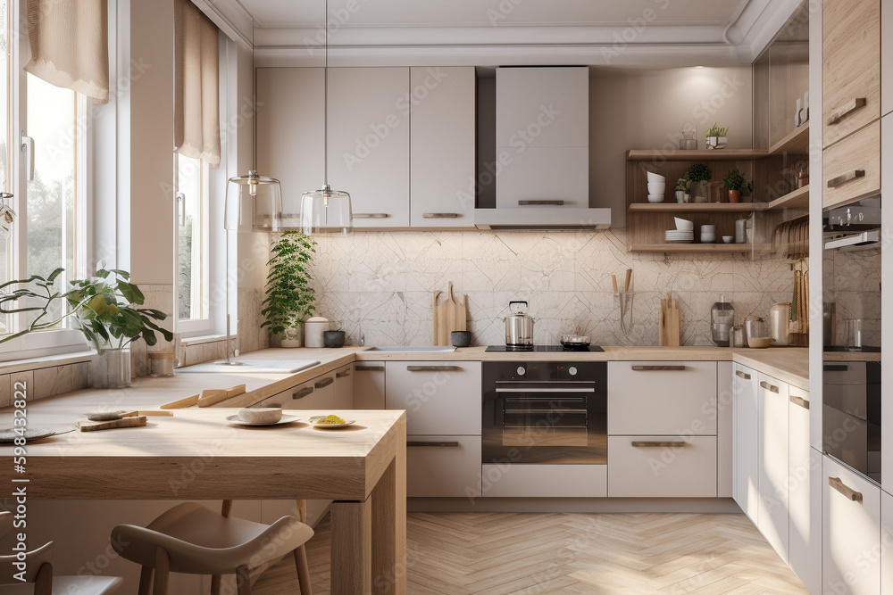 Cute modern kitchen, boho design interior style. Beige light colors ...