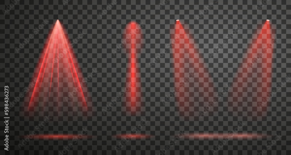 Various red spotlight beams isolated on transparent background. Pack of ...