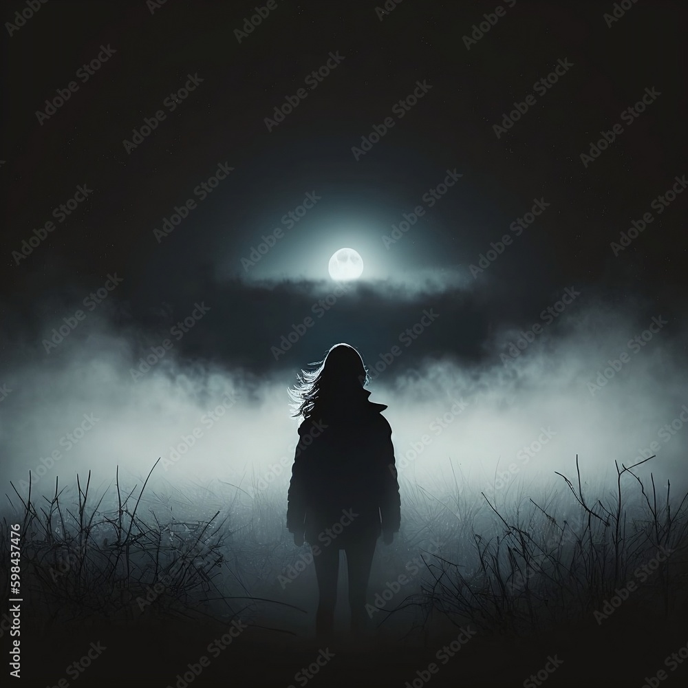 Silhouette of a Girl Standing in a Fog at Night Generative AI Stock ...